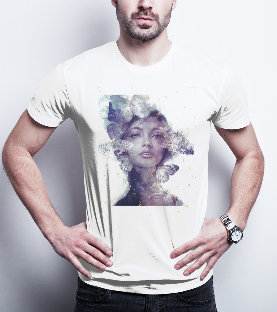 Butterfly And Girl Dreamy Watercolor Portrait With Stars T-Shirt