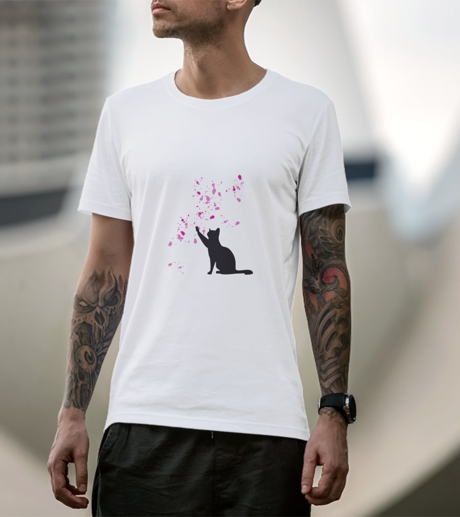 Cat And Pink Splatter Blooms T-Shirt