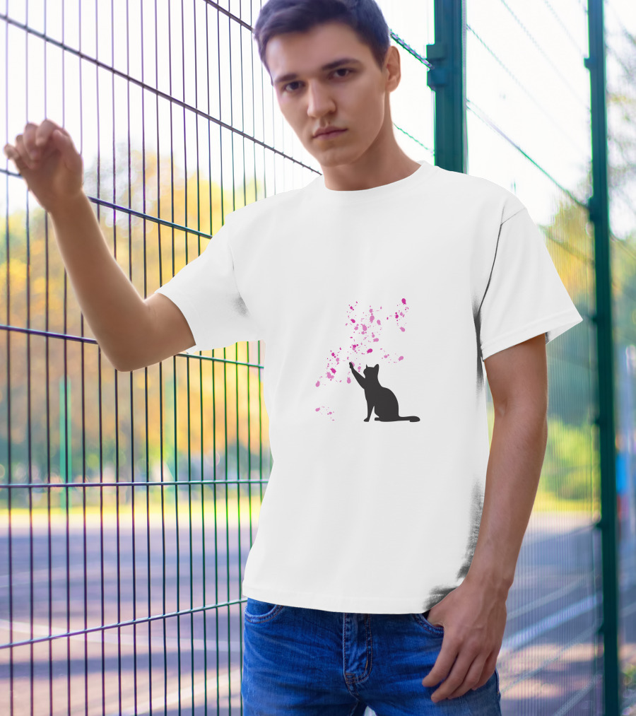 Cat And Pink Splatter Blooms T-Shirt