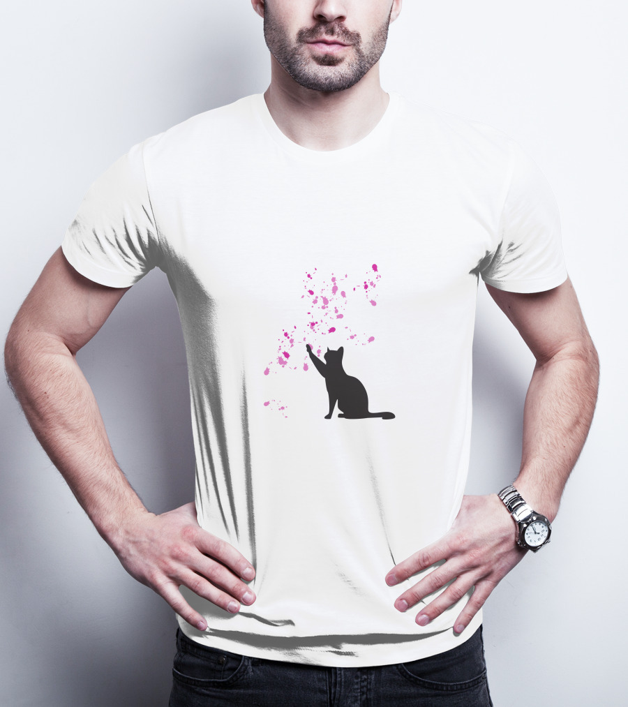 Cat And Pink Splatter Blooms T-Shirt
