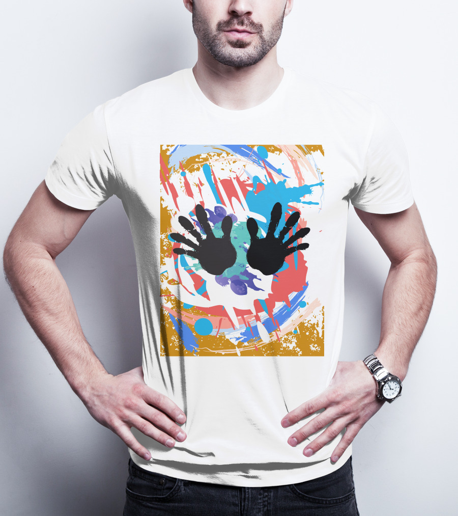 Colorful Splash With Black Handprints T-Shirt