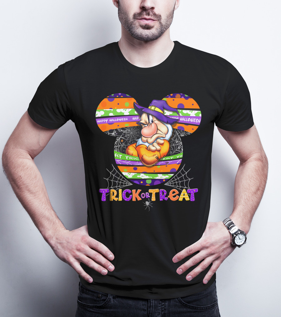 Grumpy Trick Or Treat Halloween Mickey Ears Wizard Hat Spider Webs T-Shirt