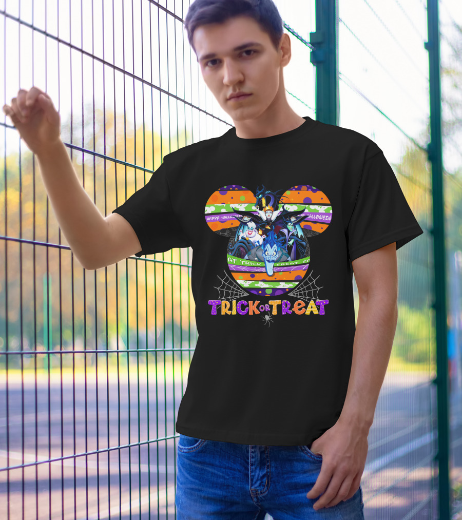 Happy Halloween Trick Or Treat Villains Mickey Ears Spiderwebs T-Shirt