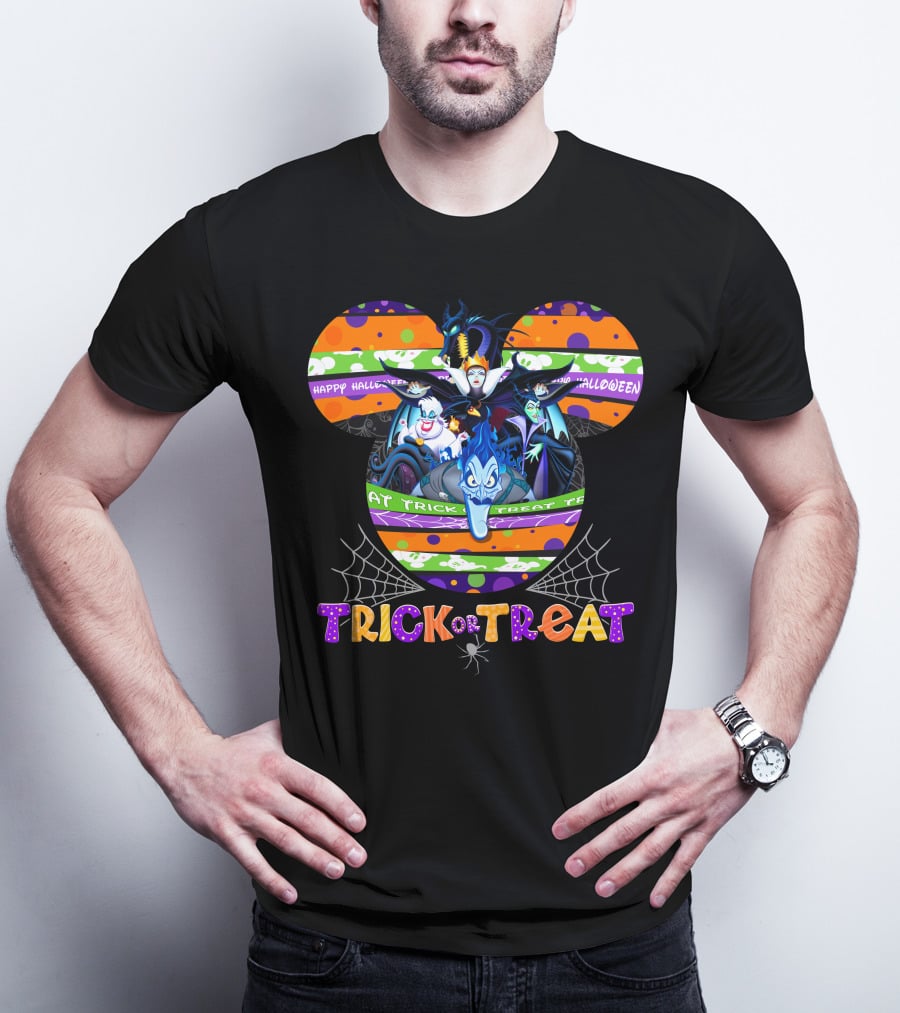 Happy Halloween Trick Or Treat Villains Mickey Ears Spiderwebs T-Shirt