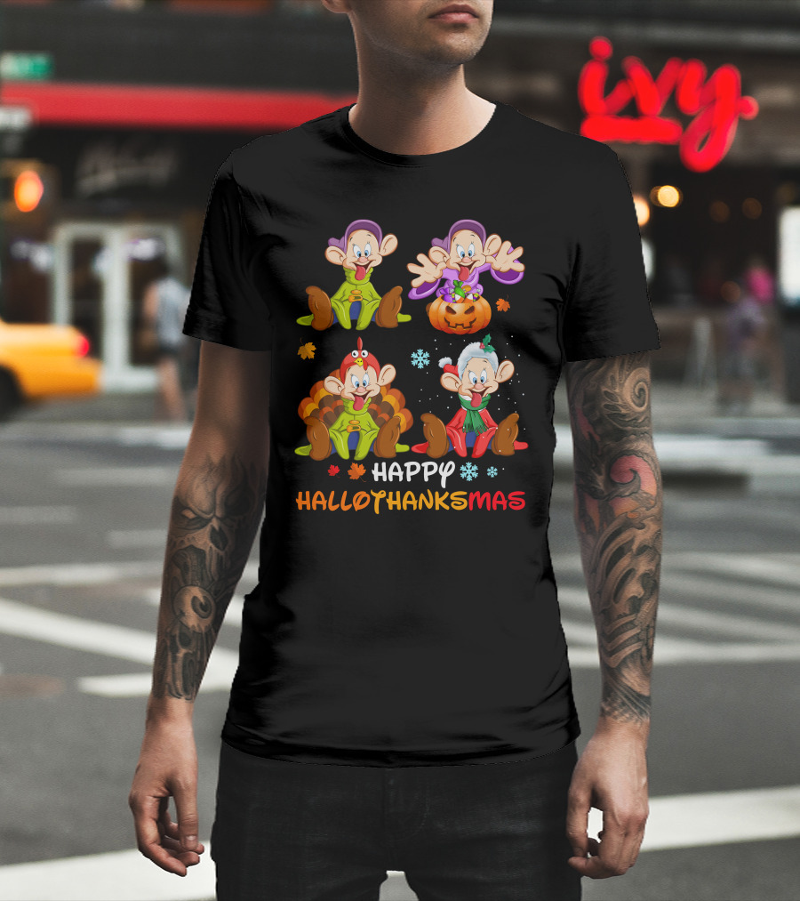 Happy Hallothanksmas Dopey Pumpkin Turkey Santa T-Shirt