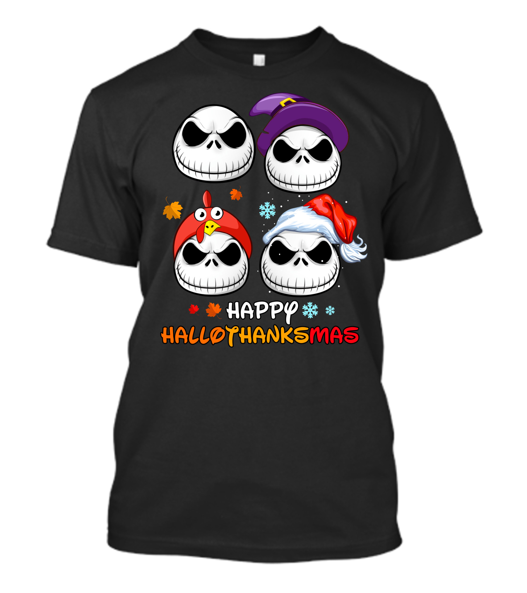 Happy Hallothanksmas Jack Faces With Witch Turkey Santa Hats T-Shirt
