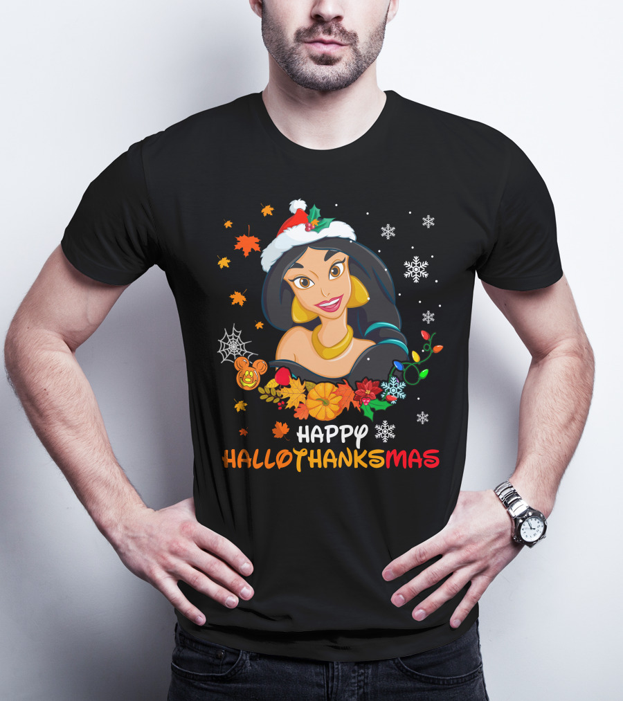 Jasmine Happy Hallothanksmas Snowflakes Autumn Leaves Santa Hat T-Shirt