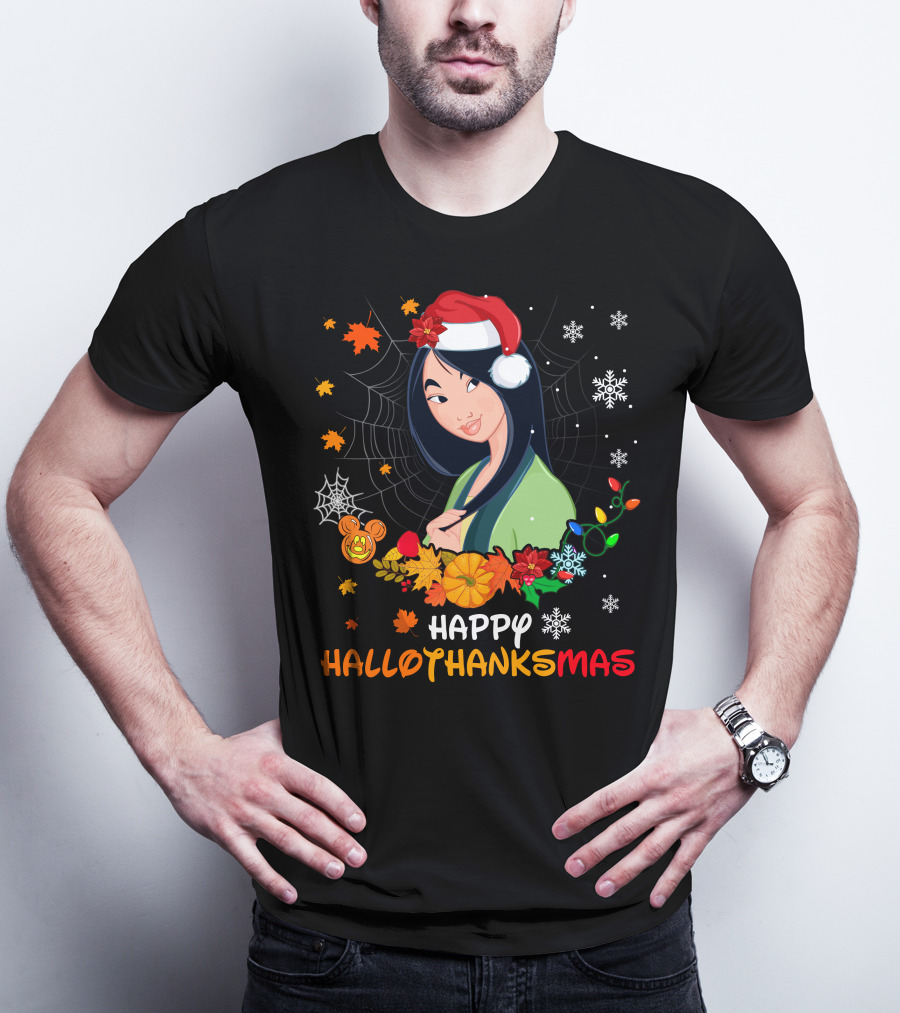 Happy Hallothanksmas Mulan Snowflakes Santa Hat Leaves T-Shirt