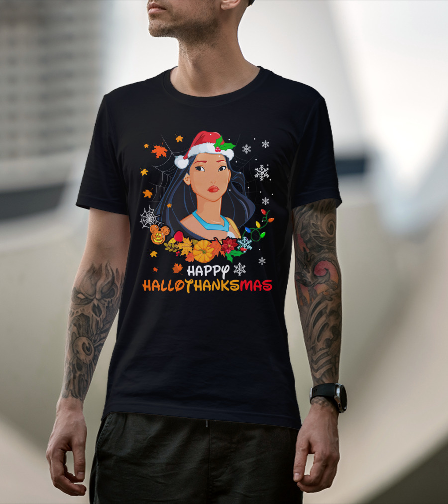 Happy Hallothanksmas Pocahontas Santa Hat Pumpkin Leaves Snowflakes T-Shirt