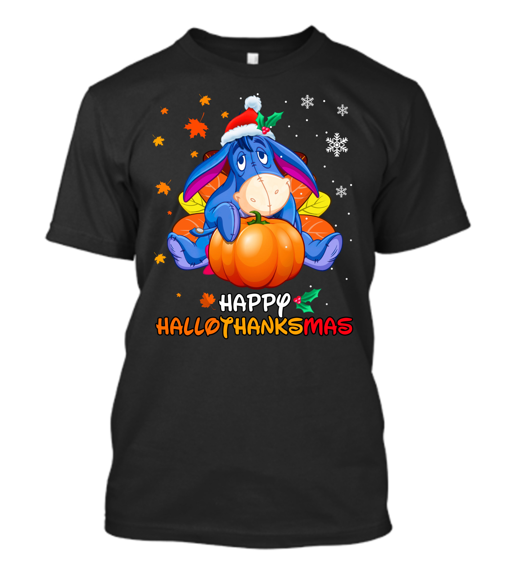 Happy Hallowthanksmas Eeyore Pumpkin Santa Hat Snowflakes Leaves Holiday T-Shirt