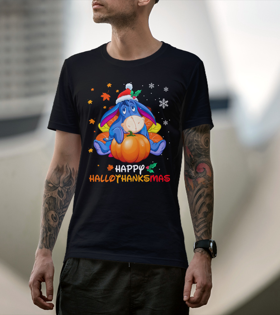 Happy Hallowthanksmas Eeyore Pumpkin Santa Hat Snowflakes Leaves Holiday T-Shirt