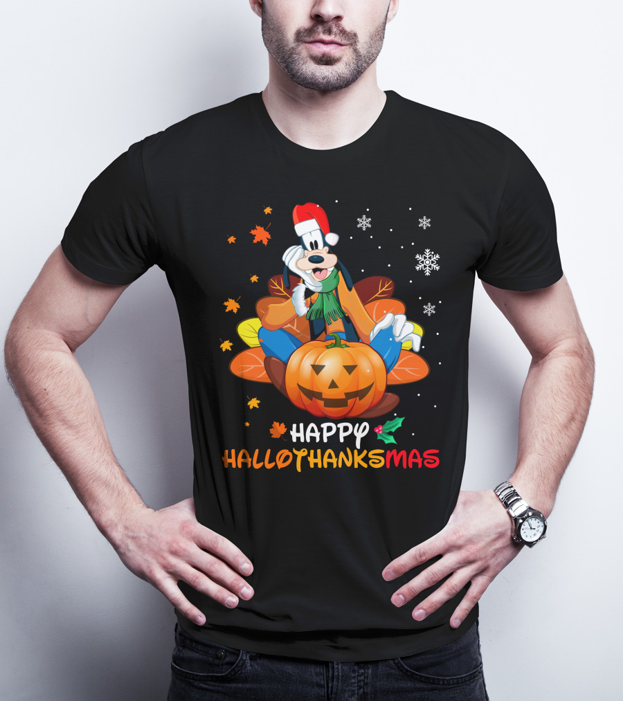 Happy Hallothanksmas Goober Leaves Pumpkin Snowflakes Santa Hat T-Shirt