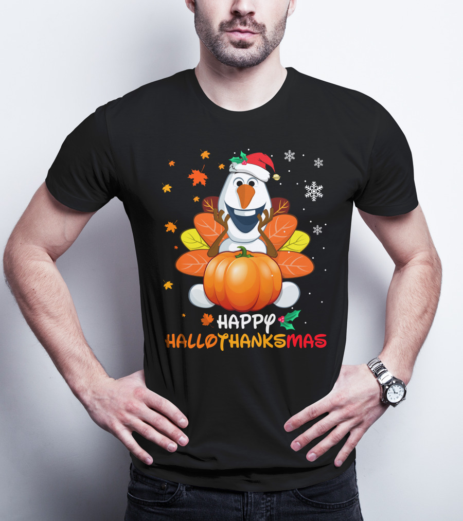 Happy Hallothanksmas Olaf Pumpkin Snowman Santa Hat Snowflakes T-Shirt