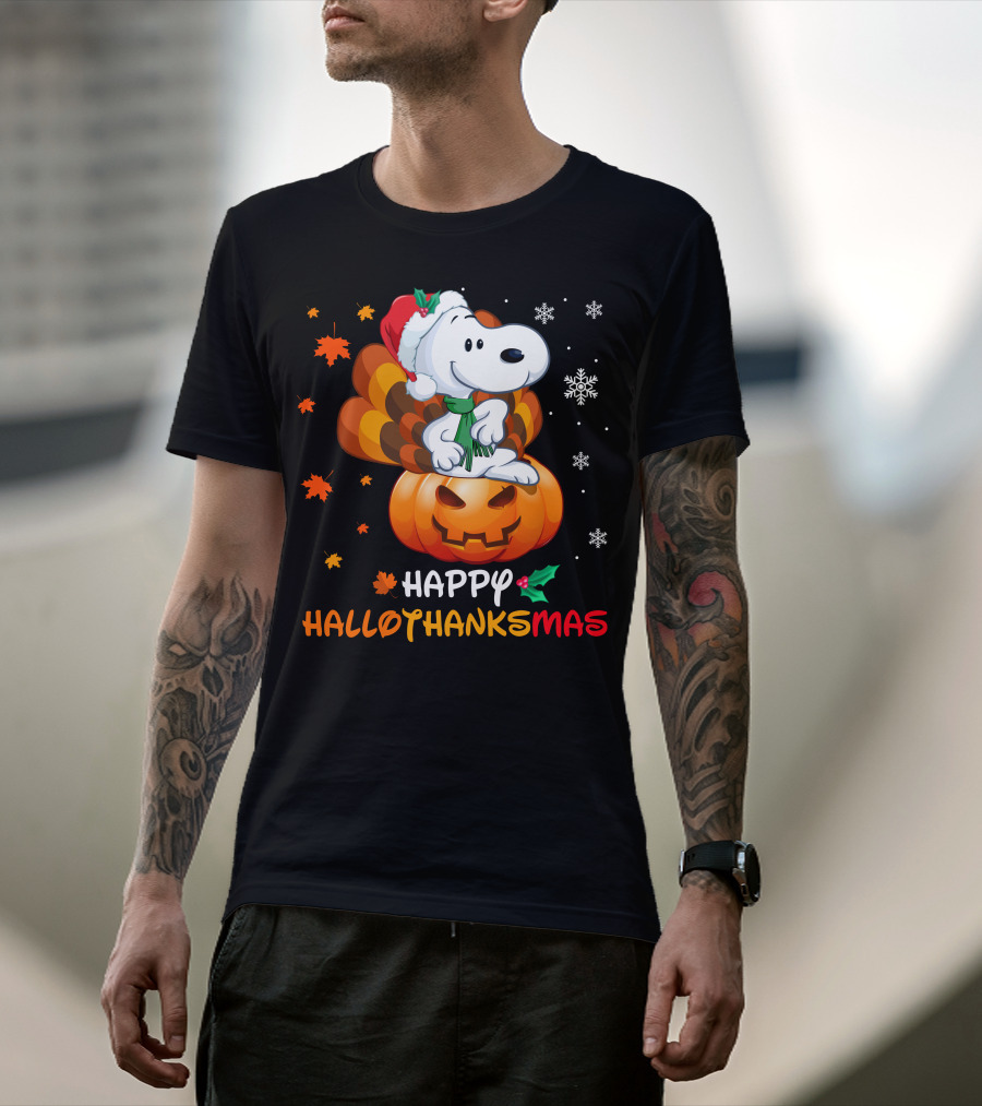 Snoopy Happy Hallothanksmas Pumpkin Snowflakes Santa Hat Scarf T-Shirt