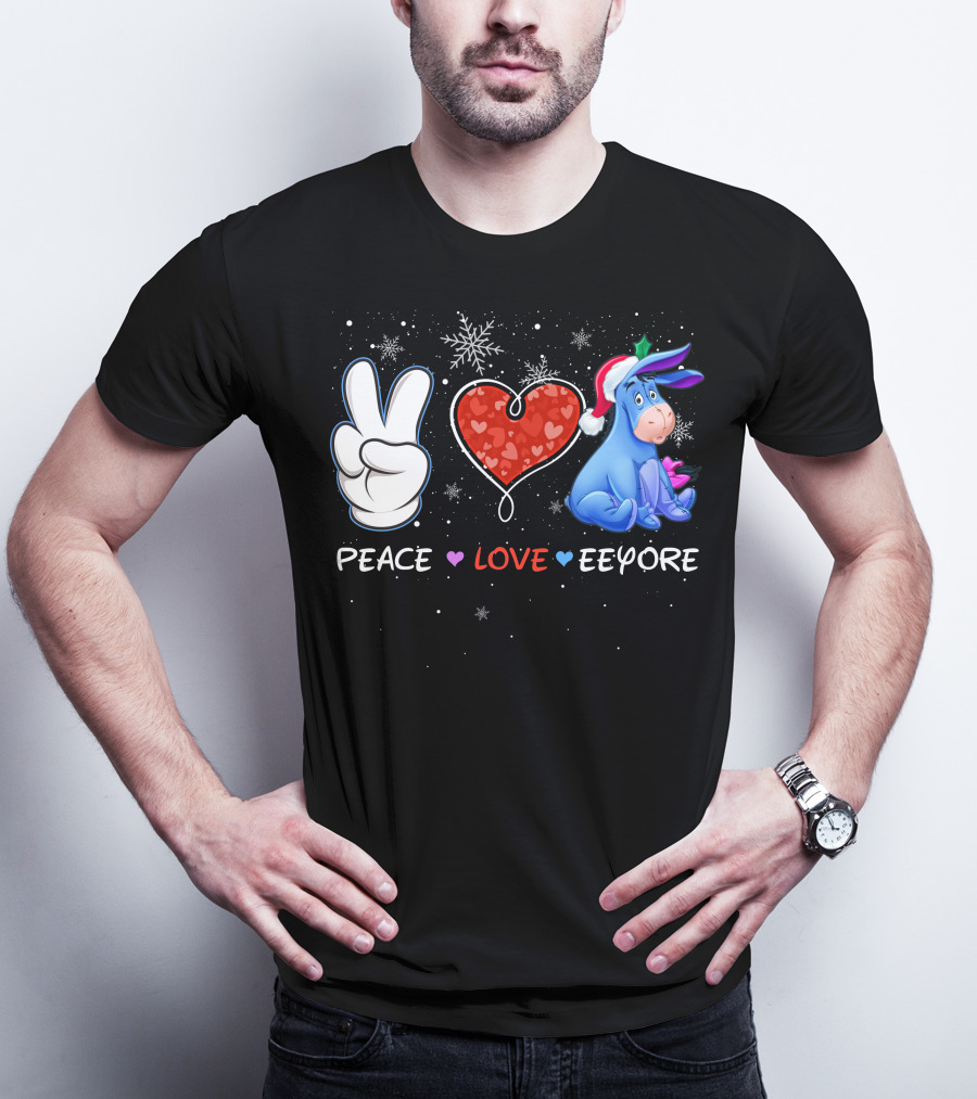 Peace Love Eeyore Santa Hat Winter Snowflakes T-Shirt