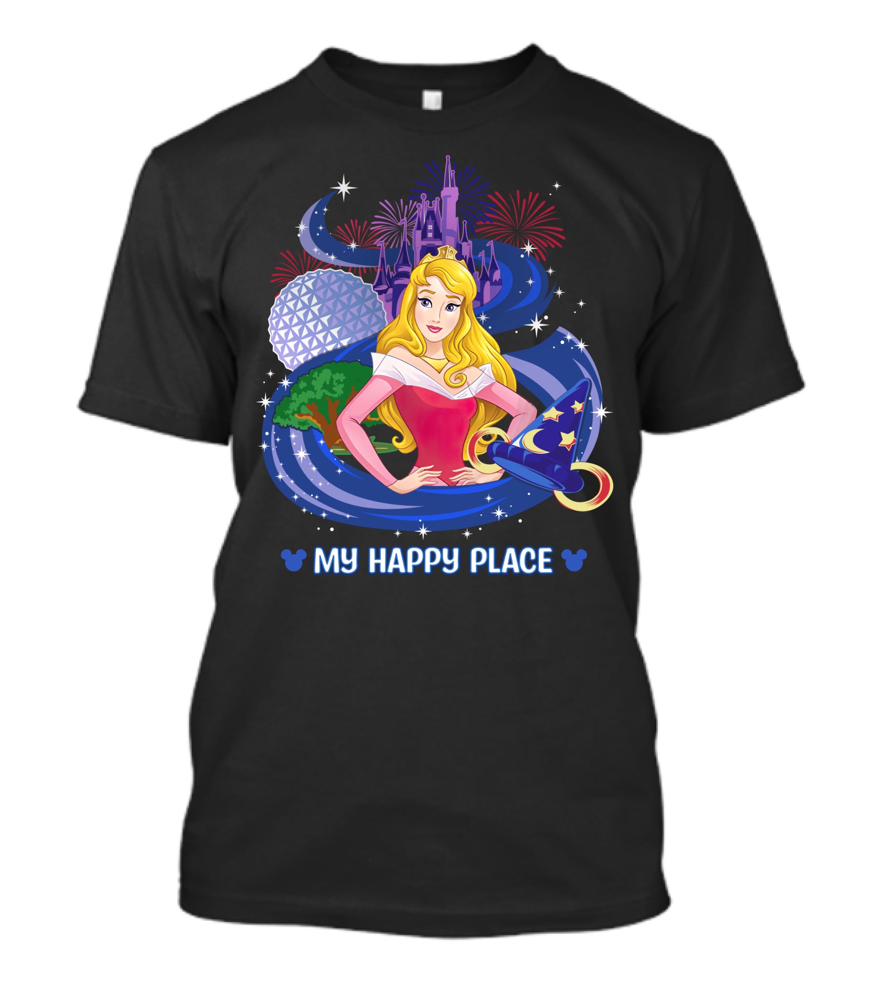 My Happy Place Aurora Disney Princess Epcot Castle Fireworks Sorcerer Hat T-Shirt