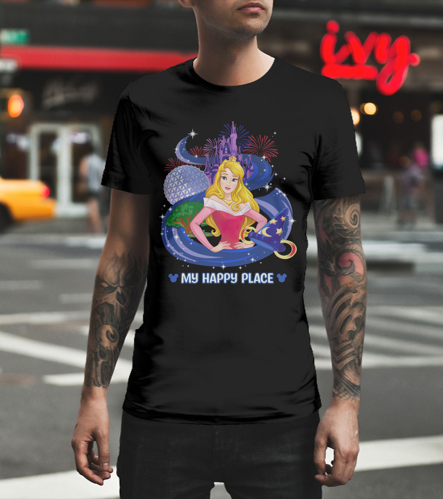 My Happy Place Aurora Disney Princess Epcot Castle Fireworks Sorcerer Hat T-Shirt