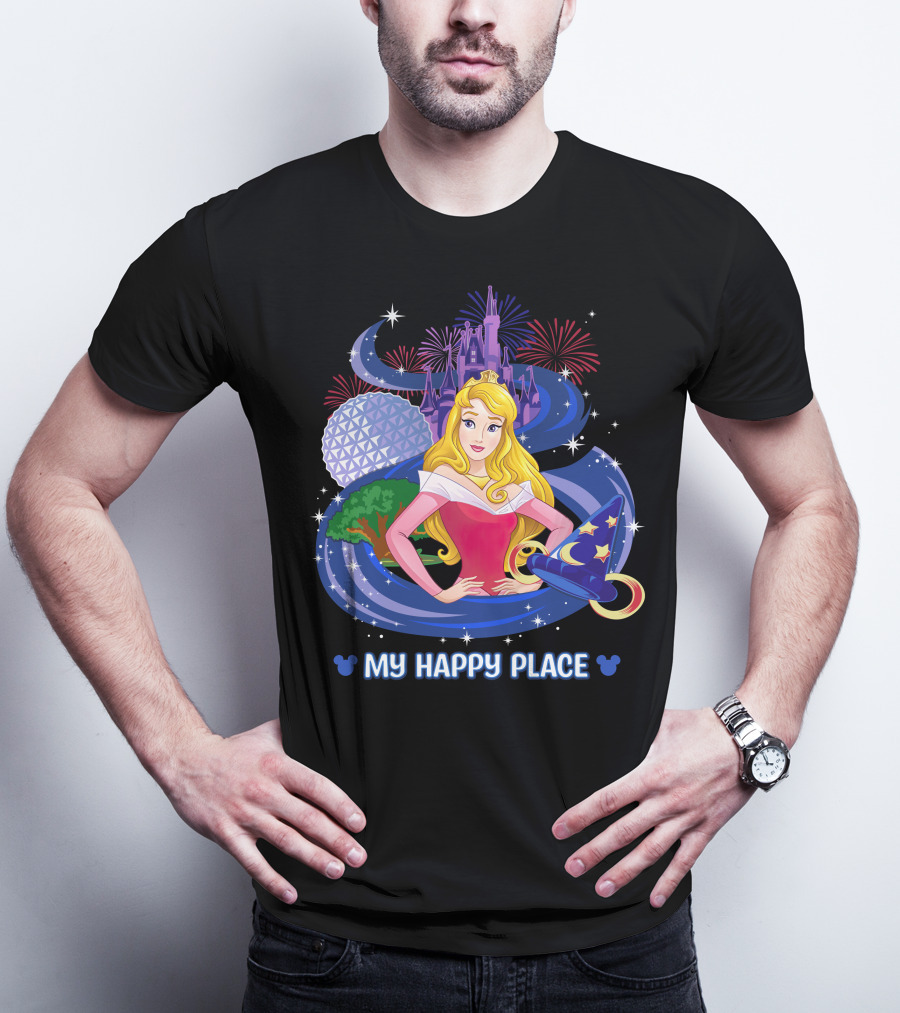 My Happy Place Aurora Disney Princess Epcot Castle Fireworks Sorcerer Hat T-Shirt