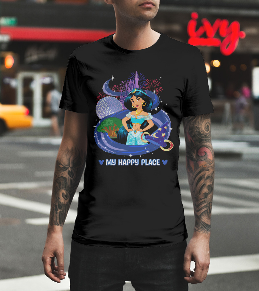 Jasmine My Happy Place Disney Princess Fireworks Magic Castle Mickey Epcot Disney World T-Shirt