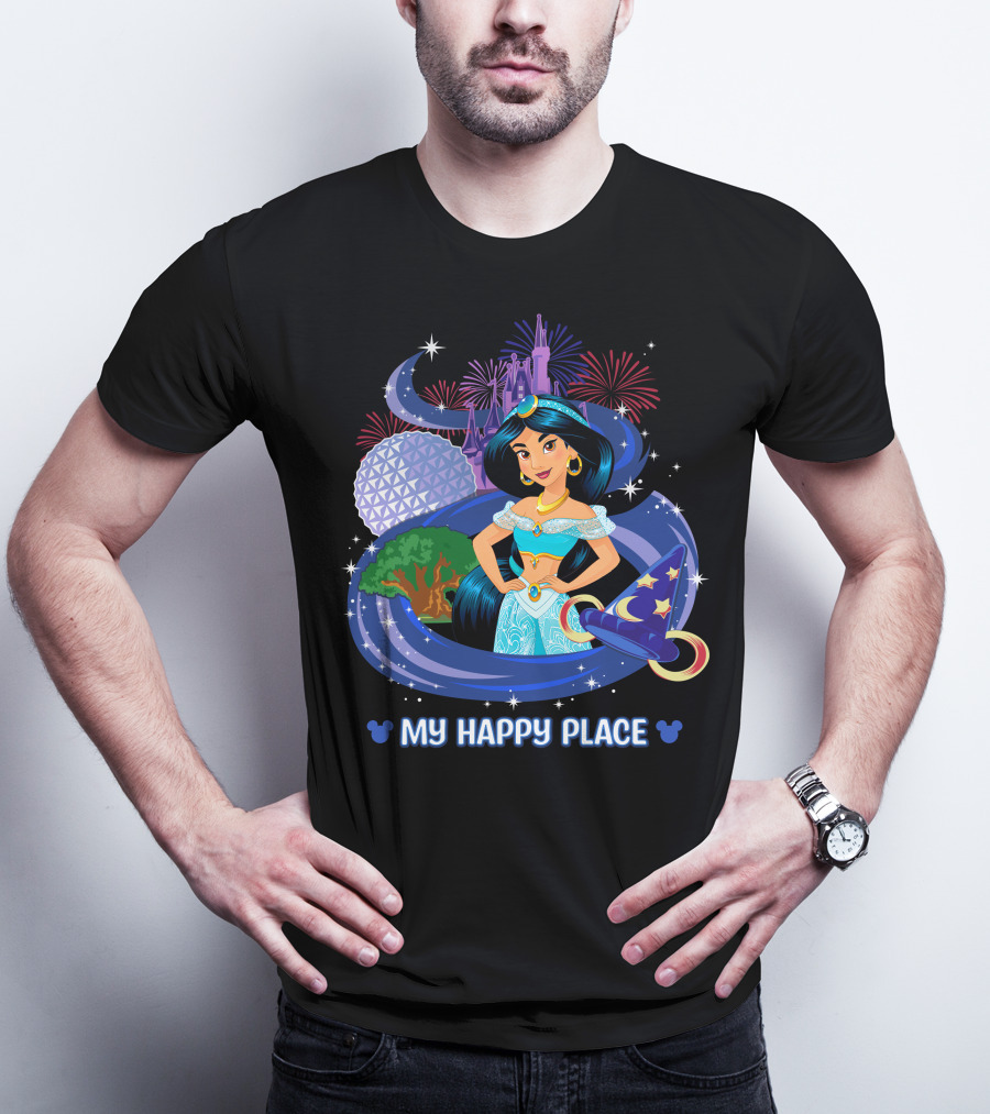 Jasmine My Happy Place Disney Princess Fireworks Magic Castle Mickey Epcot Disney World T-Shirt