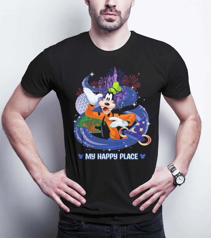 Goofy My Happy Place Disney Fireworks Epcot Sorcerer Mickey's Hat T-Shirt