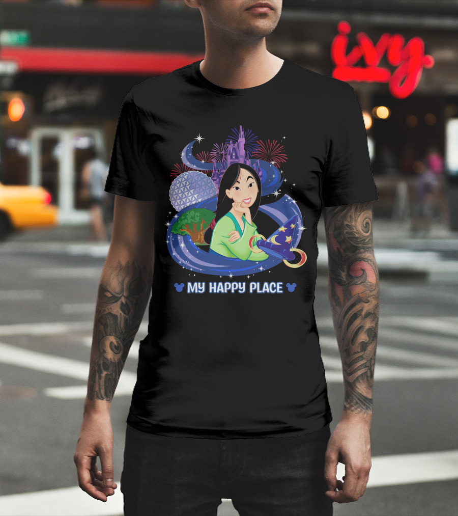 Mulan My Happy Place With Fireworks And Disney World Elements T-Shirt