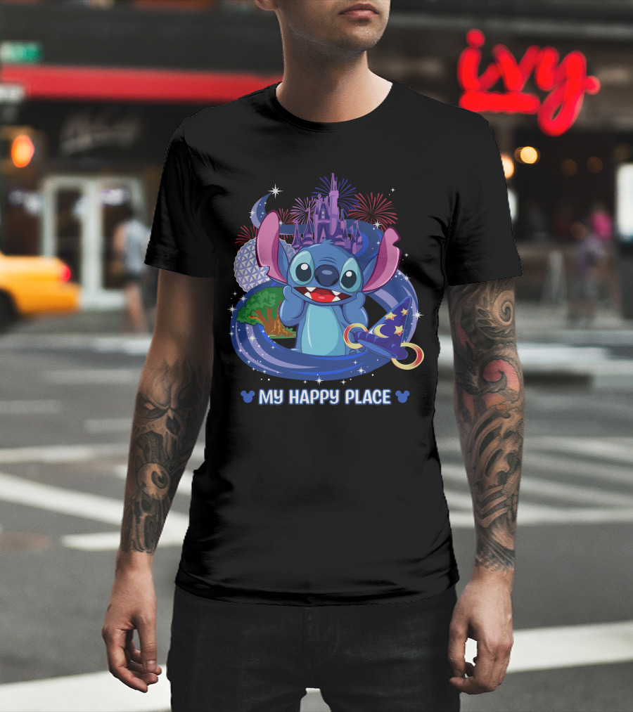 Stitch Disney My Happy Place Fireworks Castle Hat T-Shirt