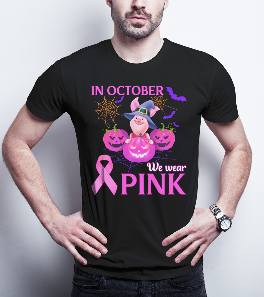 In October We Wear Pink Piglet Breast Cancer Awareness Halloween Pumpkins T-Shirt