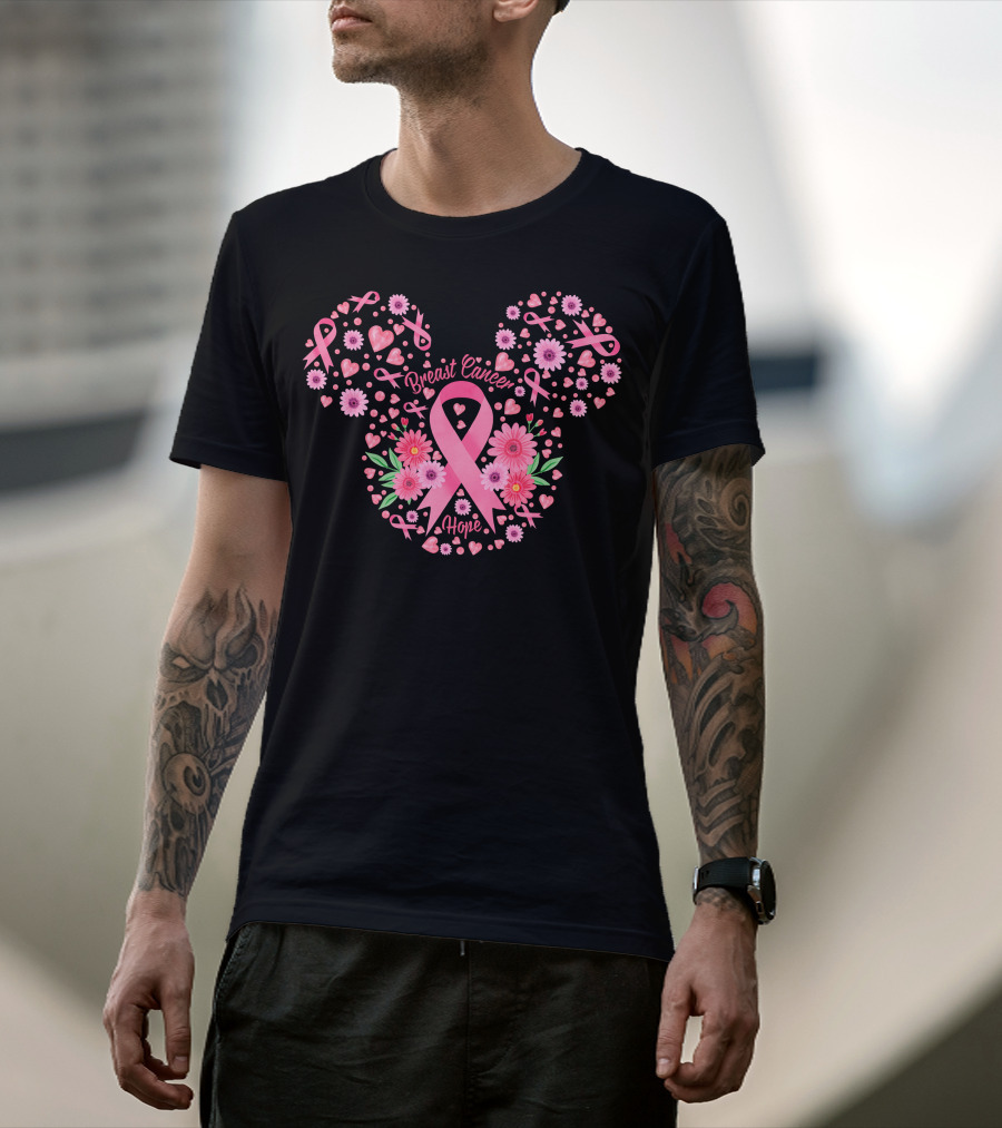Breast Cancer Hope Pink Ribbon Floral Mickey Ears T-Shirt