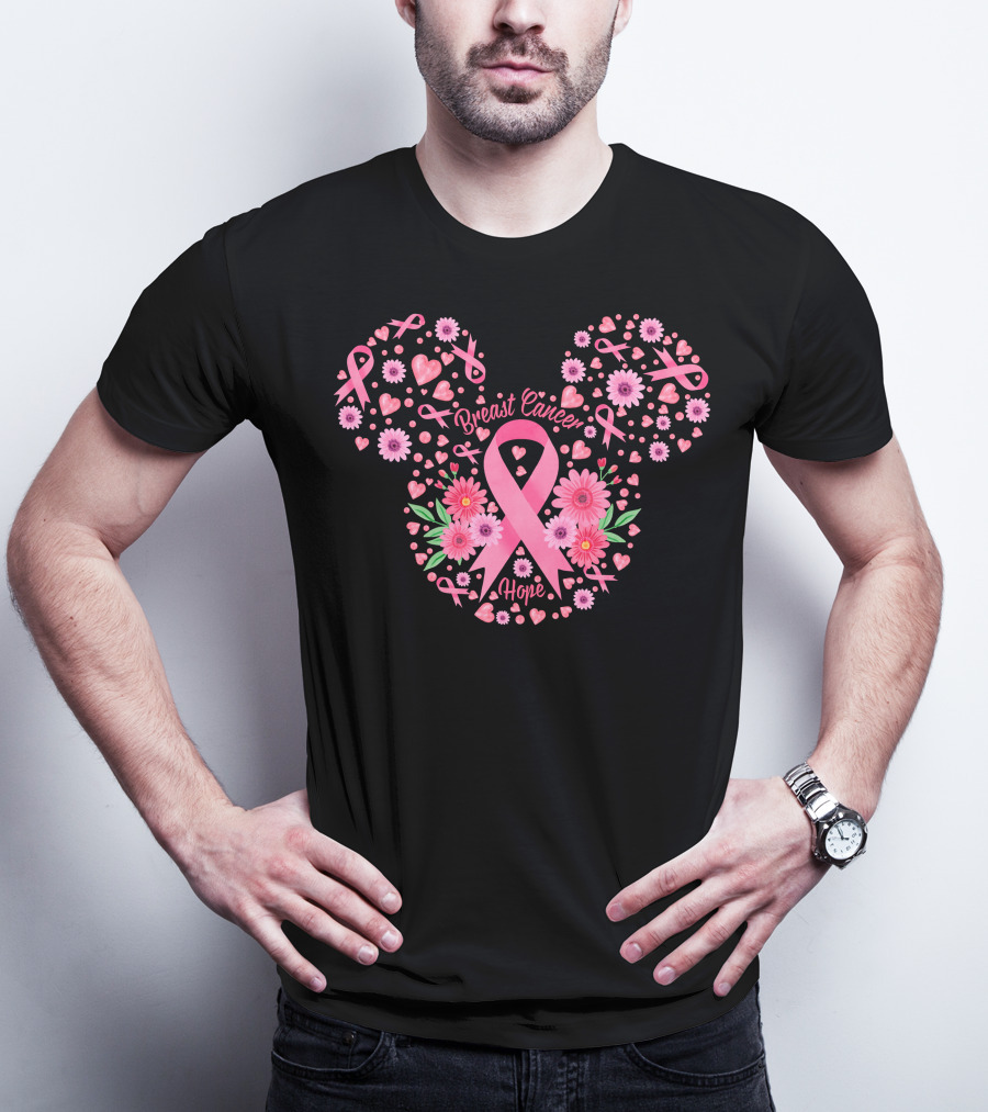 Breast Cancer Hope Pink Ribbon Floral Mickey Ears T-Shirt