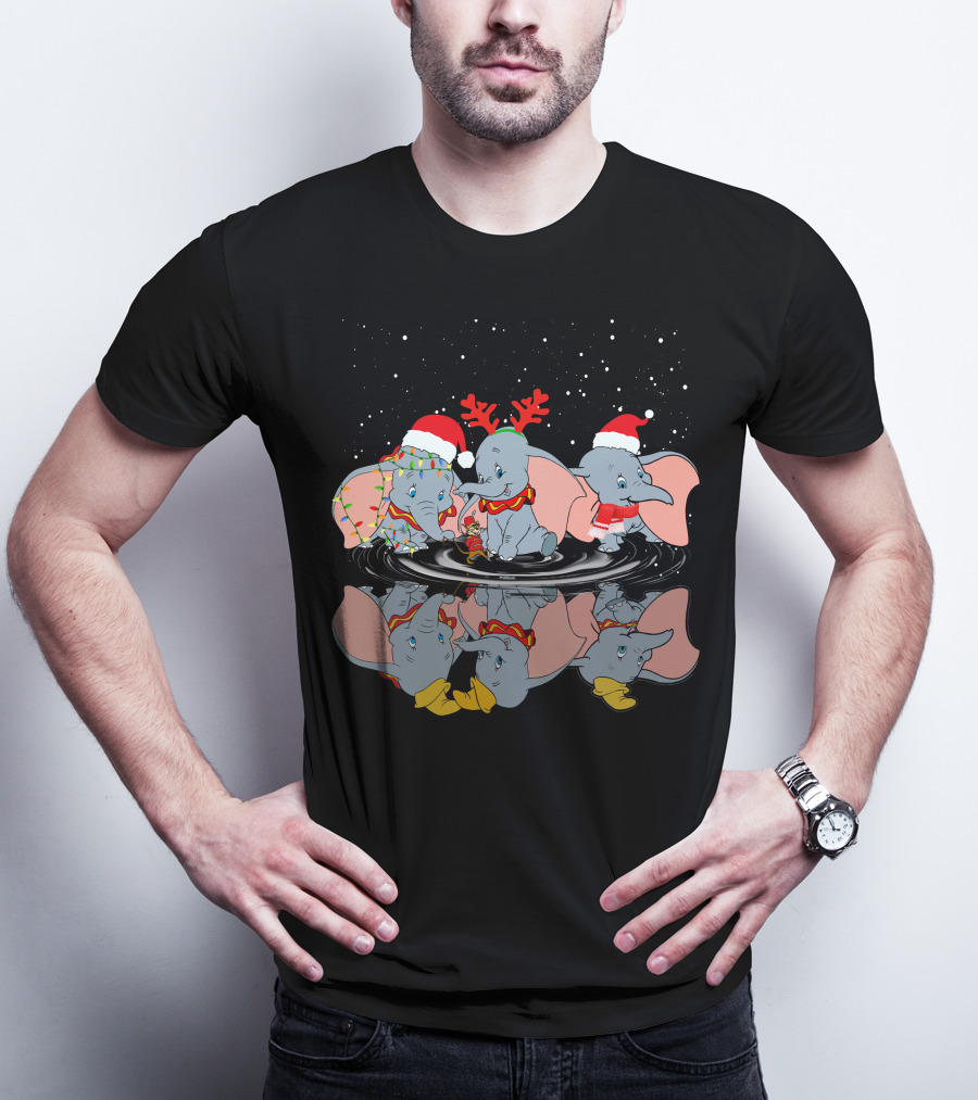 Dumbo Christmas Santa Hats And Reindeer Antlers Snowy Night T-Shirt