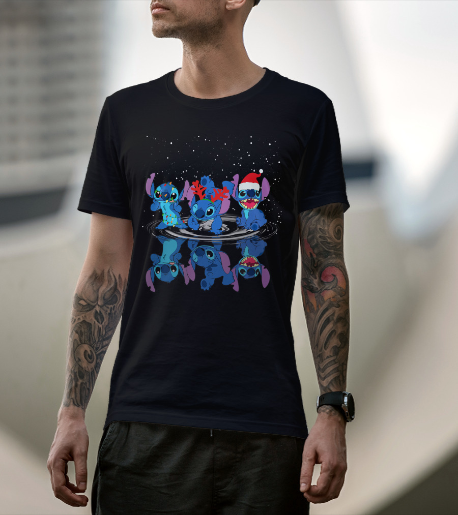 Stitch Christmas Reflections With Santa Hat And Reindeer Antlers T-Shirt