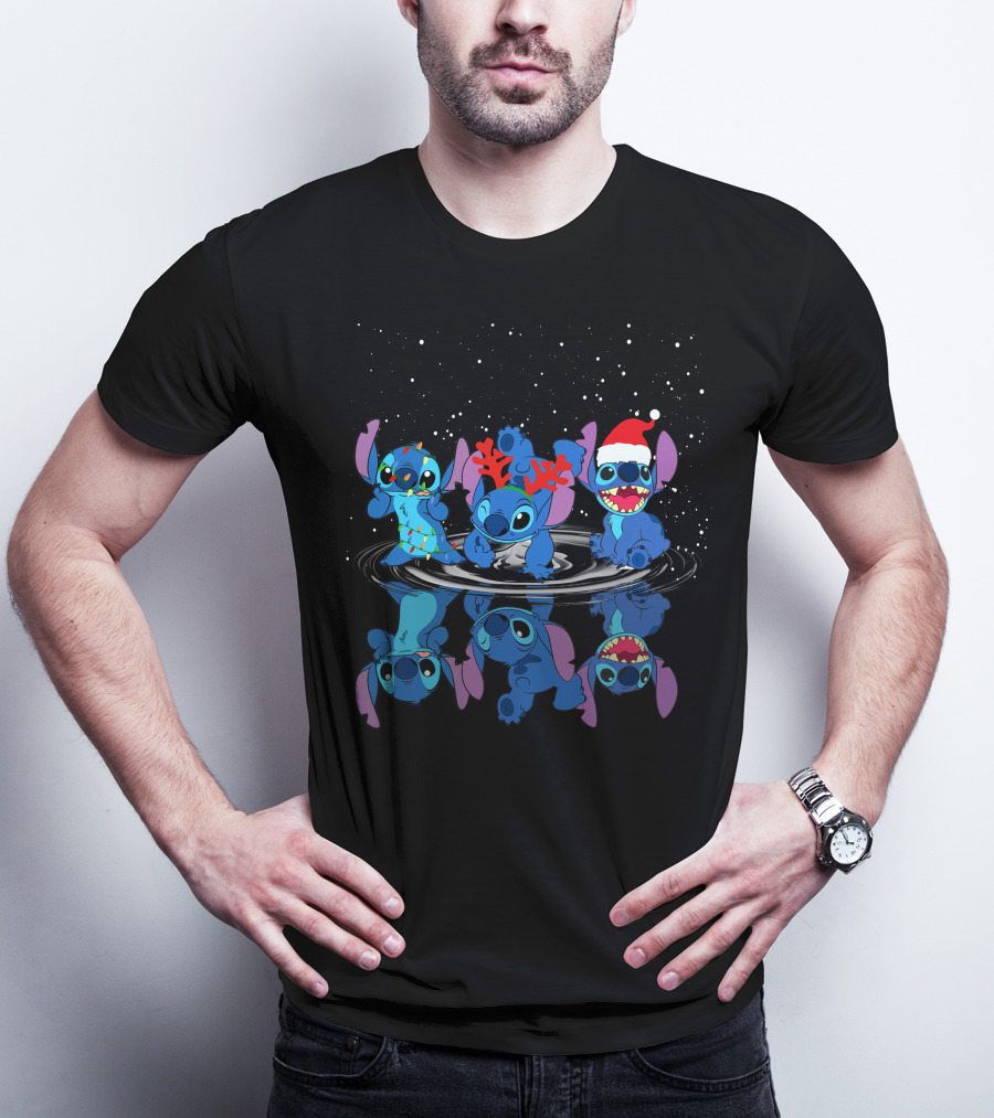 Stitch Christmas Reflections With Santa Hat And Reindeer Antlers T-Shirt