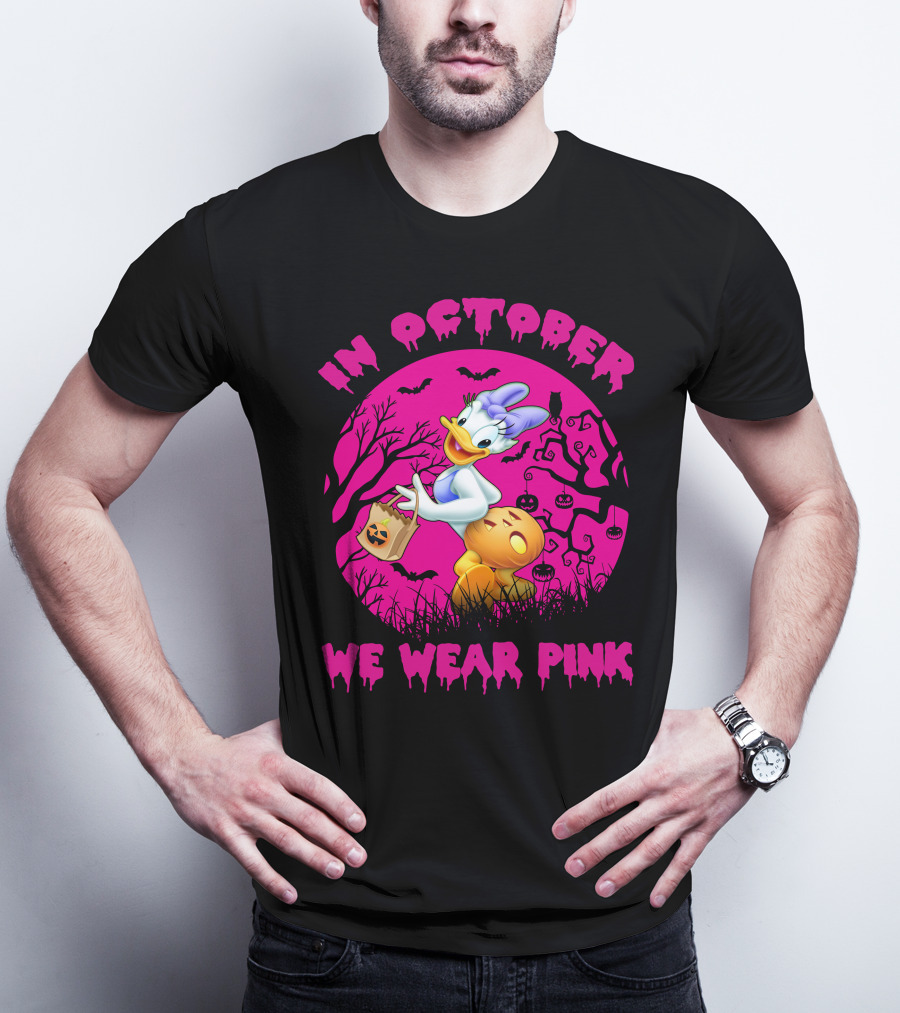 In October We Wear Pink Daisy Duck Halloween Theme T-Shirt