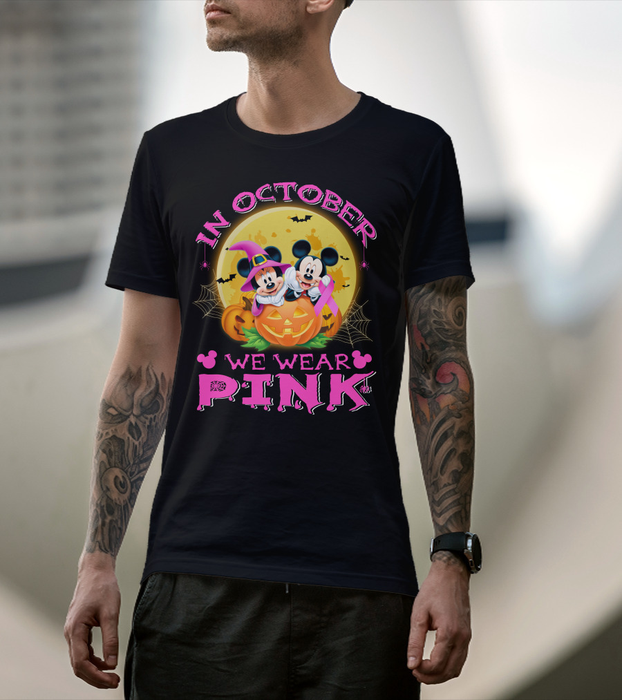In October We Wear Pink Mickey And Minnie Halloween Pumpkin T-Shirt