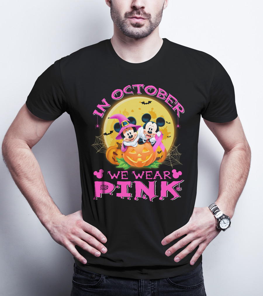 In October We Wear Pink Mickey And Minnie Halloween Pumpkin T-Shirt