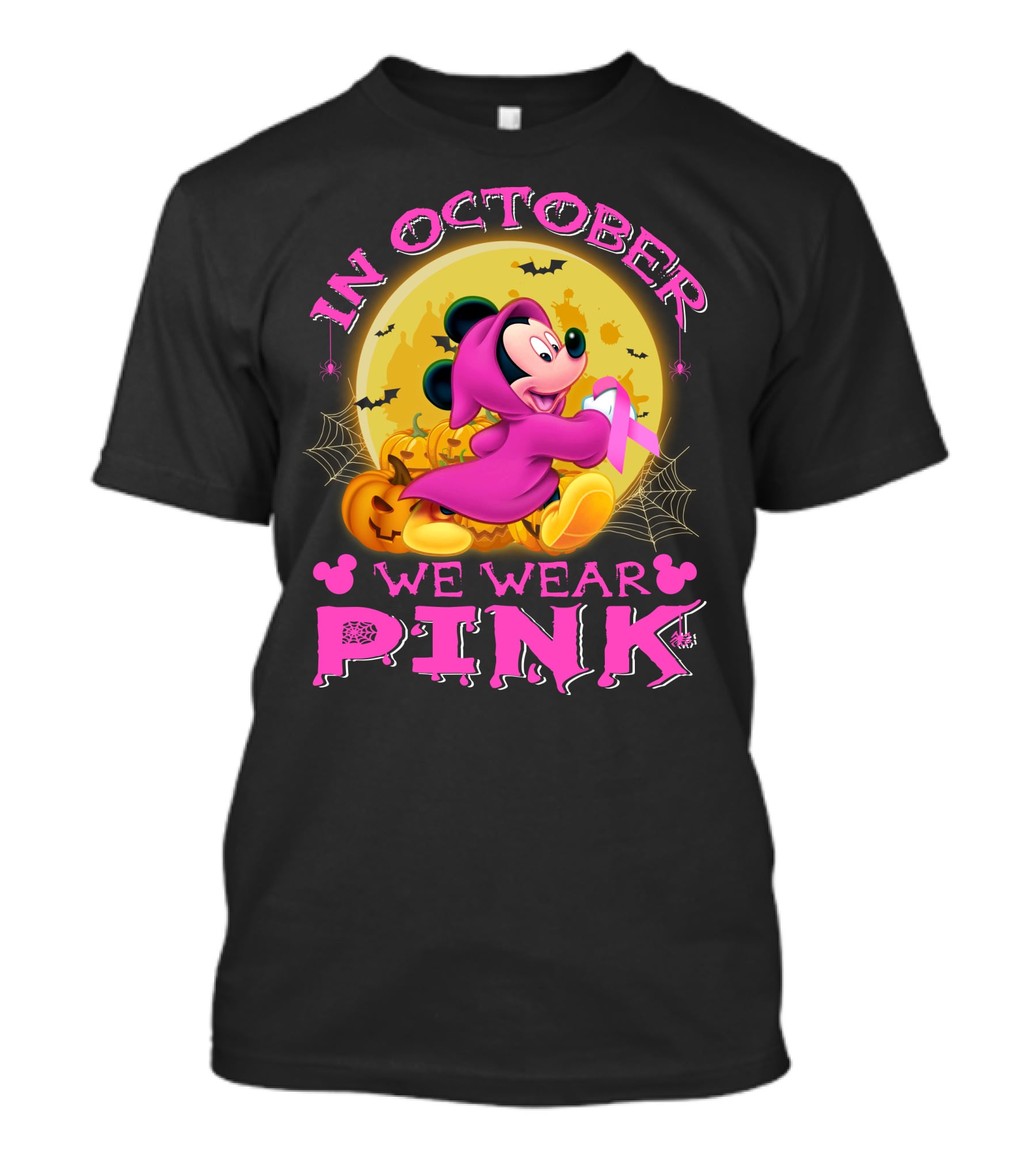 In October We Wear Pink Mickey Mouse Halloween Pumpkin Bats T-Shirt