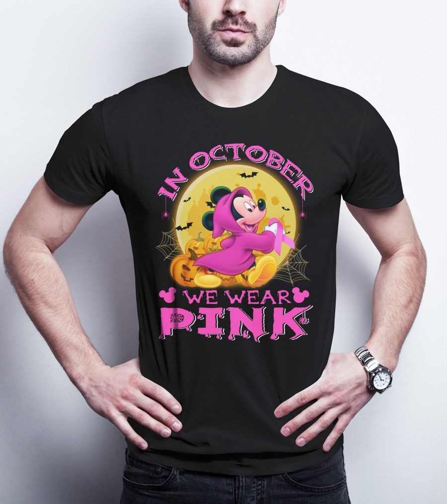 In October We Wear Pink Mickey Mouse Halloween Pumpkin Bats T-Shirt