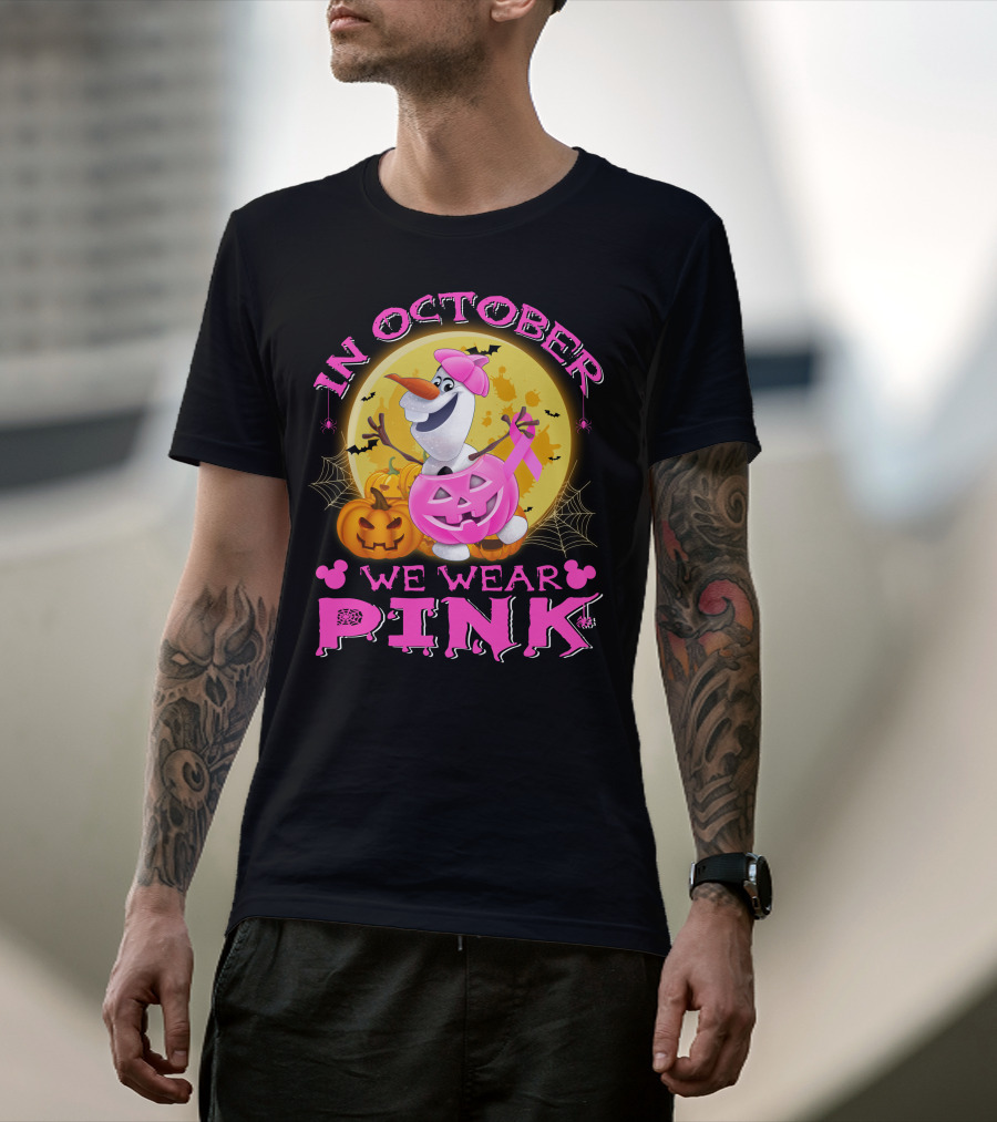 In October We Wear Pink Olaf Halloween Pumpkins And Bats T-Shirt