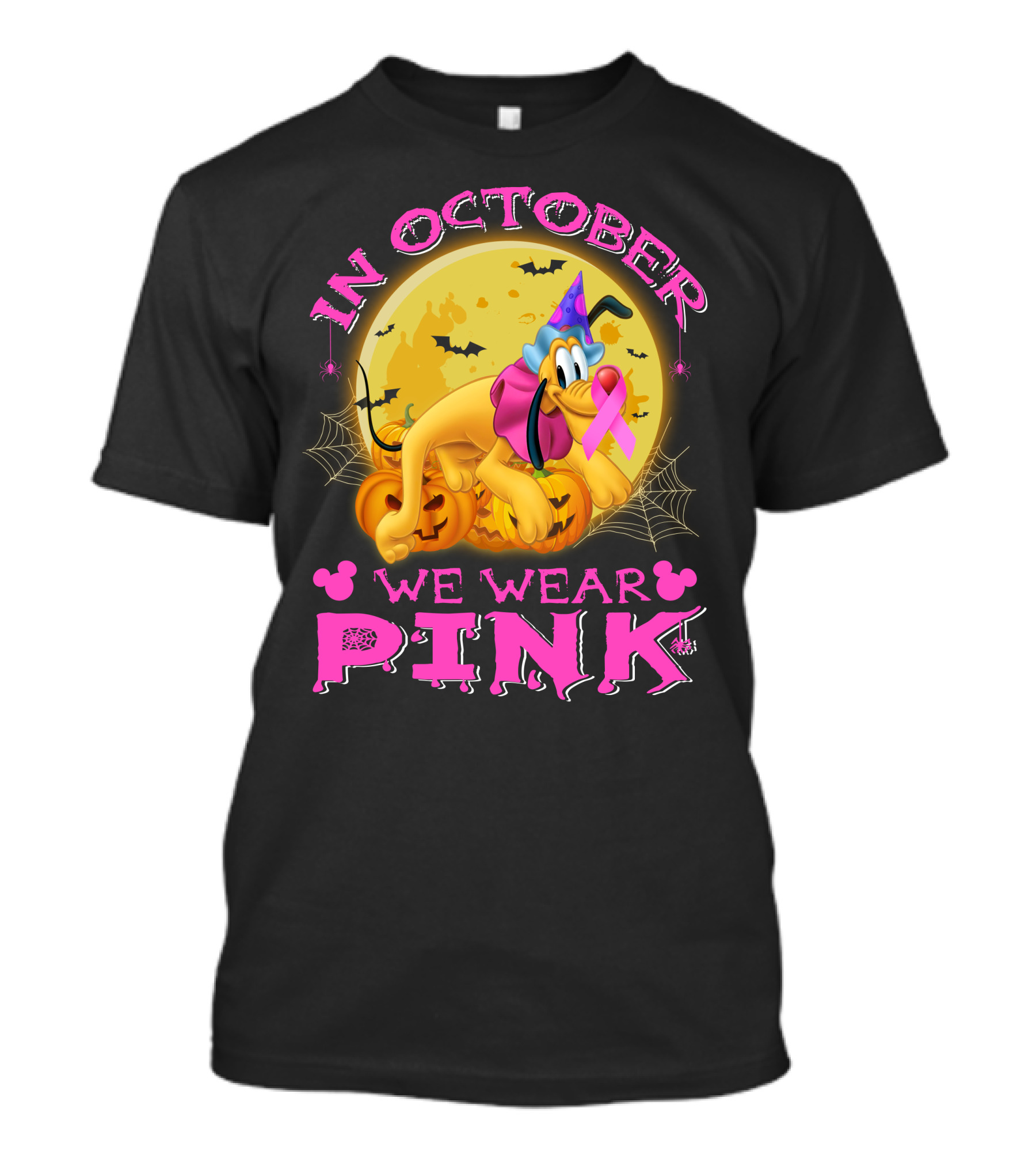 In October We Wear Pink Pluto Halloween Pumplin Bat Webs T-Shirt