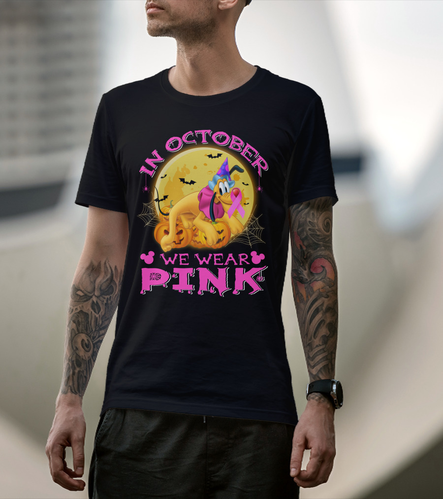 In October We Wear Pink Pluto Halloween Pumplin Bat Webs T-Shirt