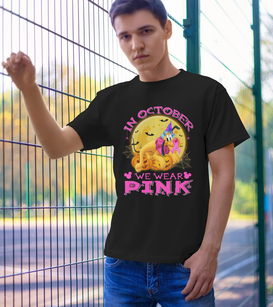In October We Wear Pink Pluto Halloween Pumplin Bat Webs T-Shirt