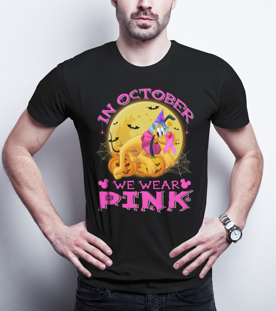 In October We Wear Pink Pluto Halloween Pumplin Bat Webs T-Shirt