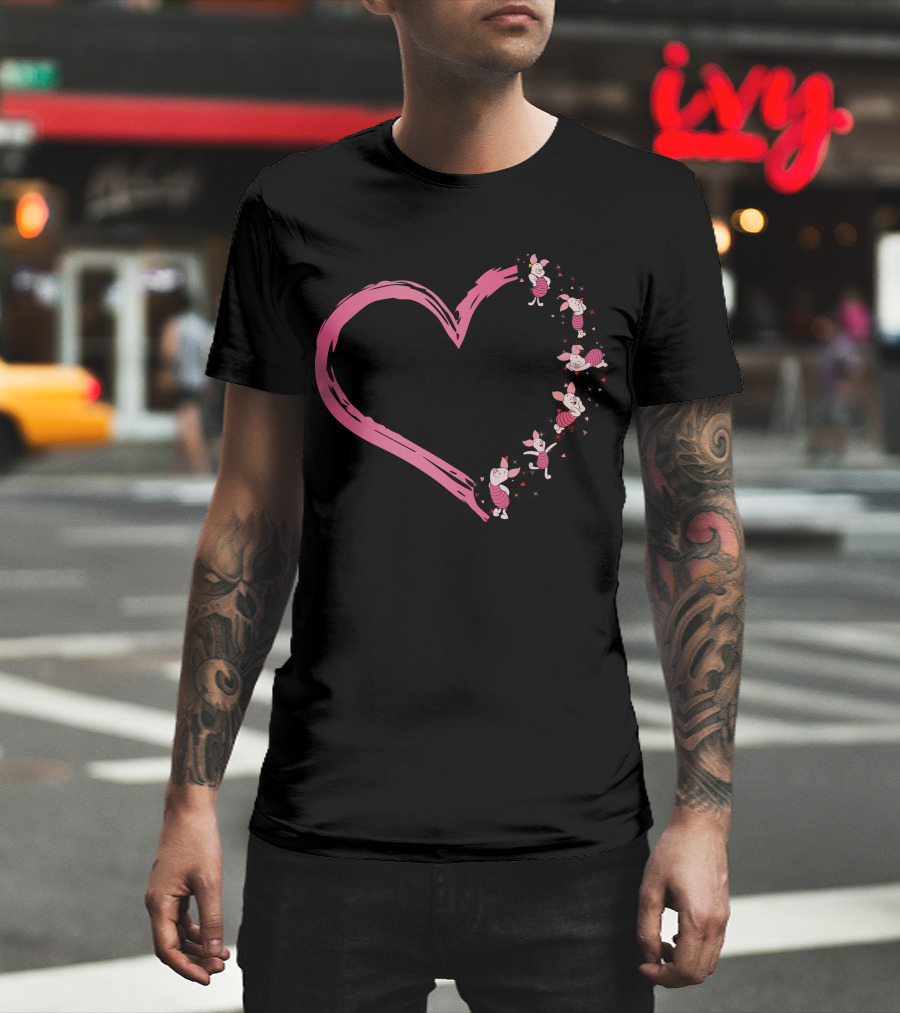 Piglet Heart Pattern With Pink Character Illustrations T-Shirt
