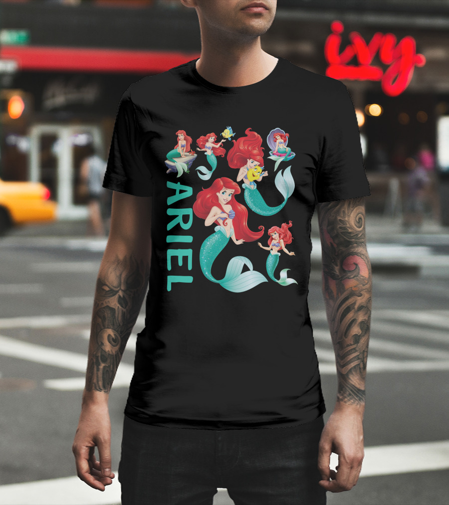 Ariel Little Mermaid With Flounder And Seashell Poses T-Shirt