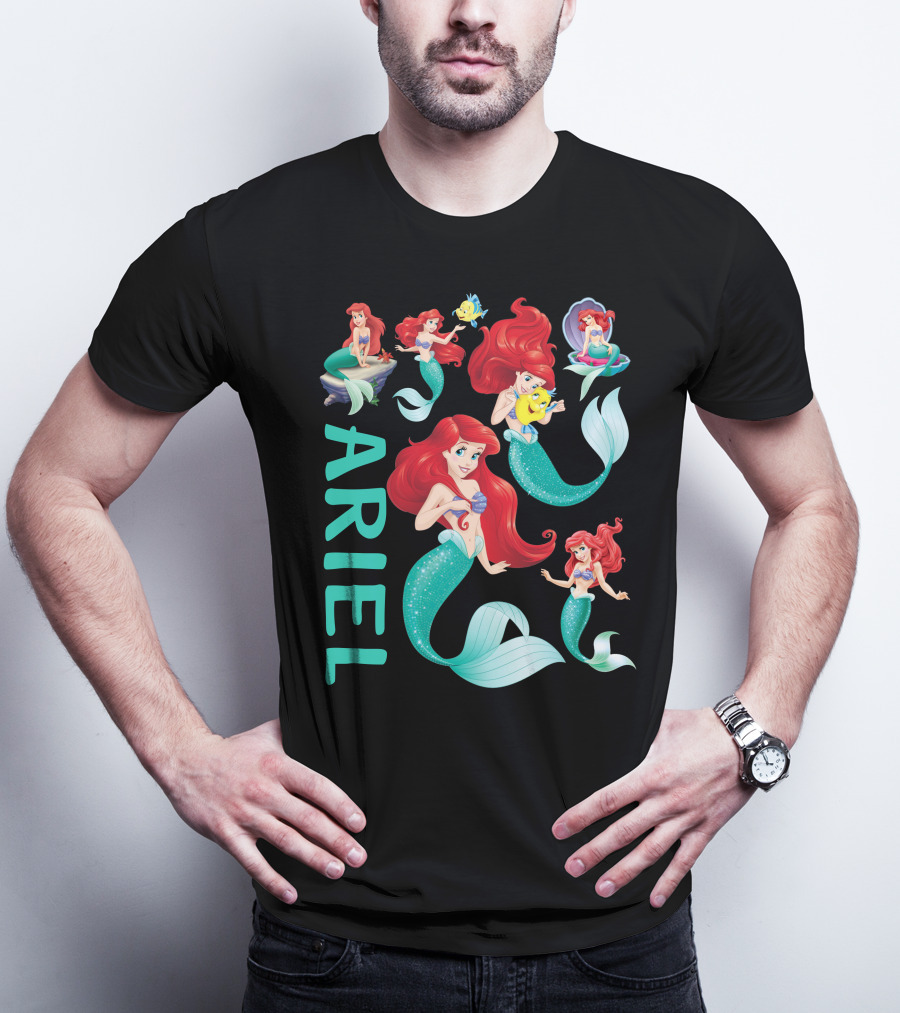 Ariel Little Mermaid With Flounder And Seashell Poses T-Shirt