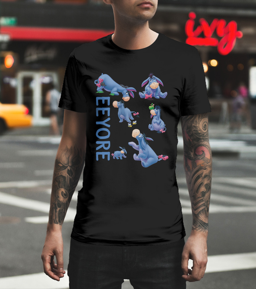 Eeyore Character Illustrations With Text On Black T-Shirt