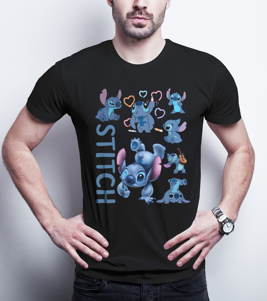 Stitch Cute Blue Alien Playing Guitar And Drawing Hearts T-Shirt