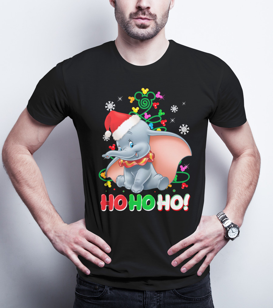 Dumbo Christmas Ho Ho Ho Santa Hat Mickey Mouse Ears Snowflakes T-Shirt