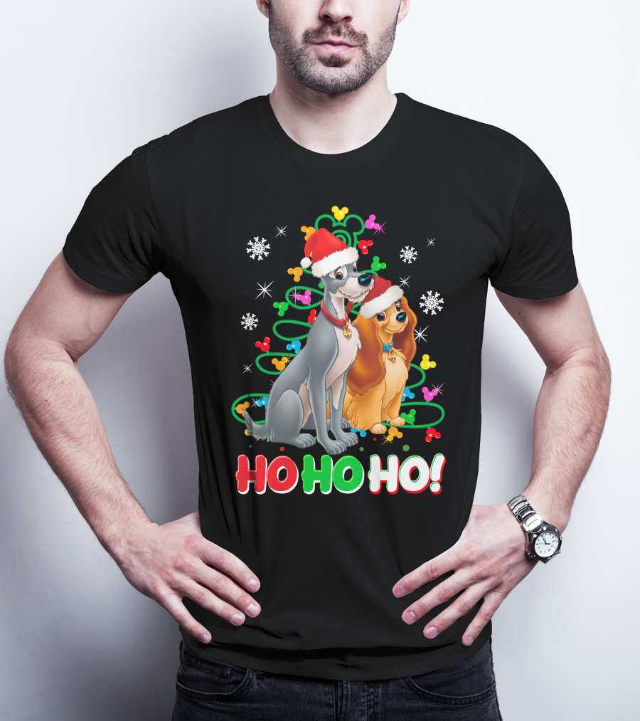 Lady And The Tramp Ho Ho Ho Christmas Santa Hats Snowflakes T-Shirt
